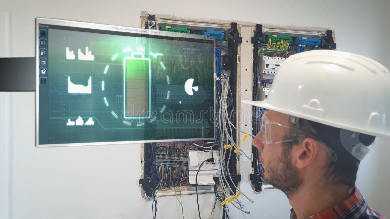 Electrical Engineer Checking Data on a Screen while Installing ...