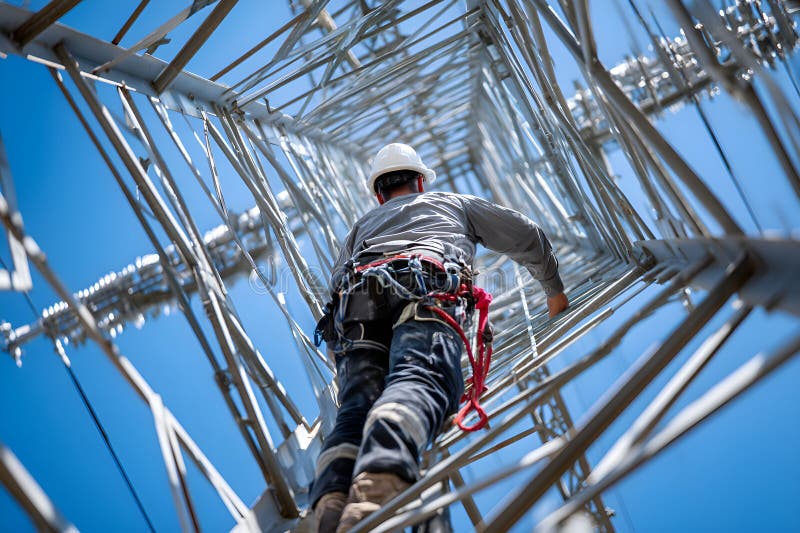 Electrical Engineer Climbing High Voltage Tower for Maintenance Stock ...