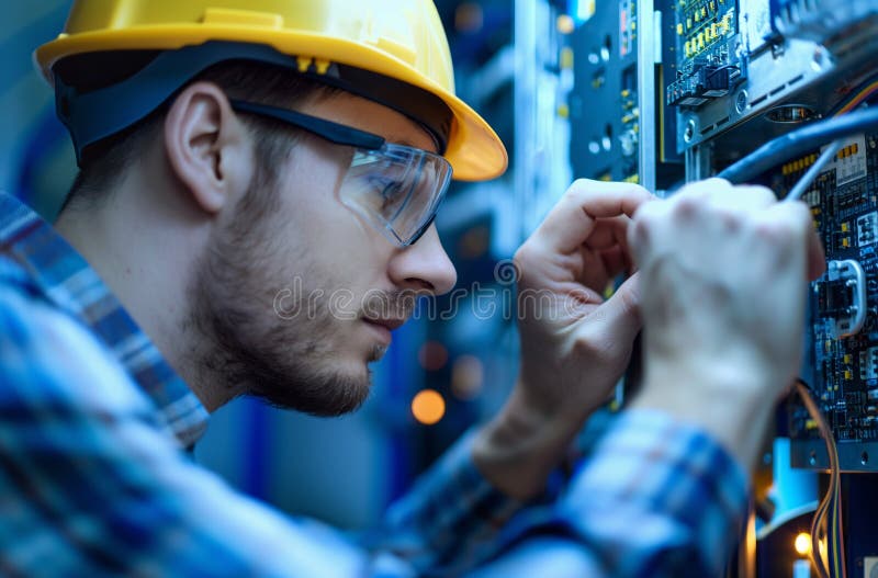 Electrical Engineer Connecting Wires of Server Rack in Data Center ...
