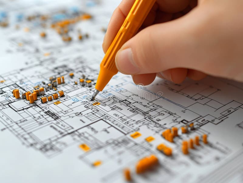 Electrical Engineer Drawing Power Circuits on Blueprints Stock ...