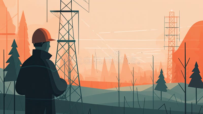 An Electrical Engineer Inspecting a Large Electrical Transmission Tower ...