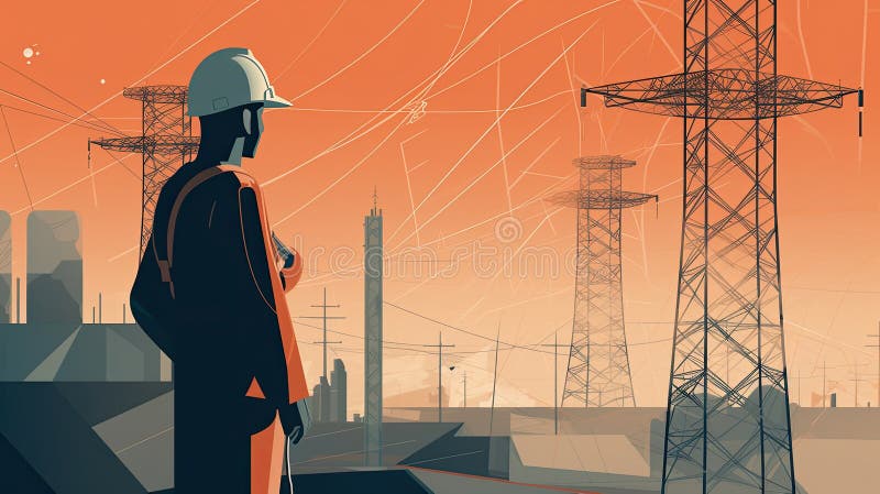 An Electrical Engineer Inspecting a Large Electrical Transmission Tower ...