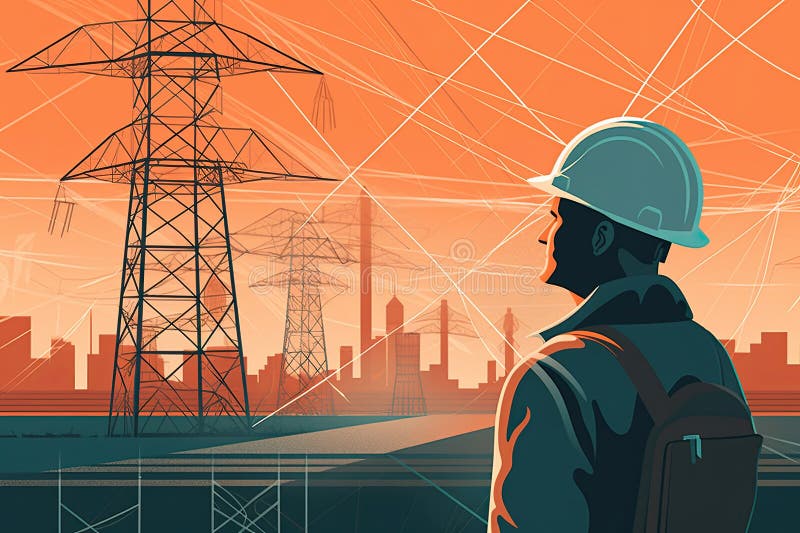 An Electrical Engineer Inspecting a Large Electrical Transmission Tower ...