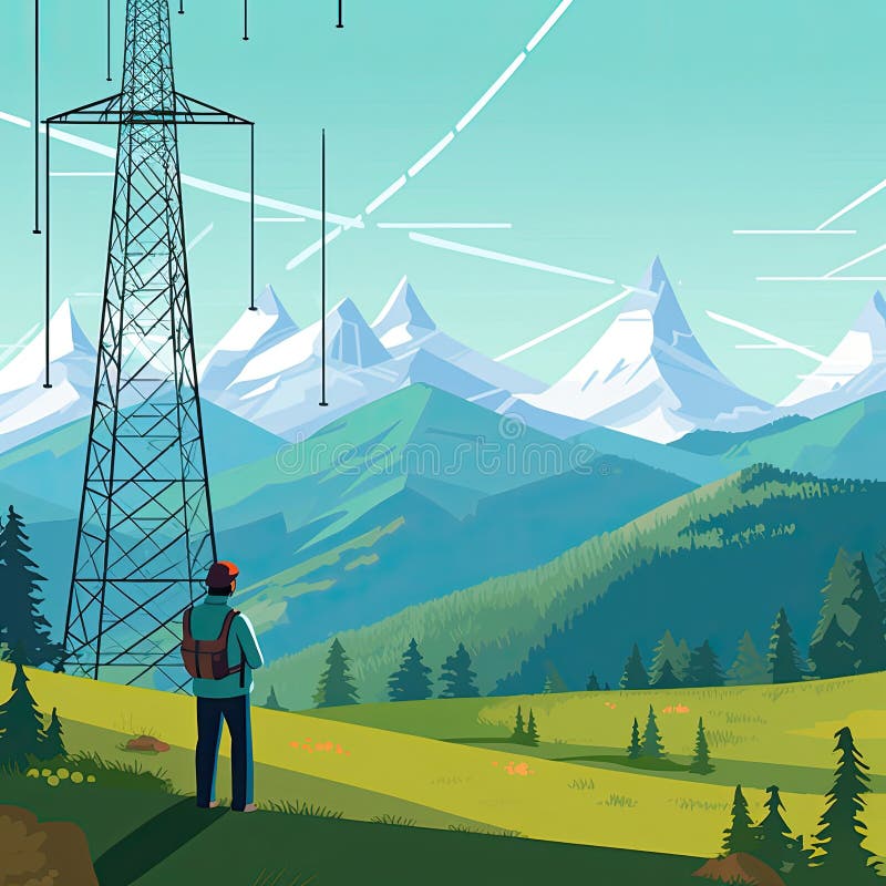 An Electrical Engineer Inspecting a Large Electrical Transmission Tower ...