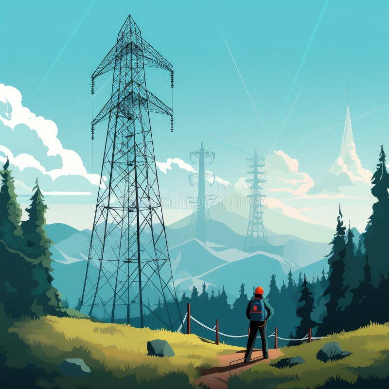 An Electrical Engineer Inspecting a Large Electrical Transmission Tower ...