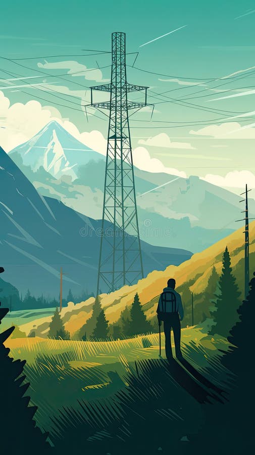 An Electrical Engineer Inspecting a Large Electrical Transmission Tower ...