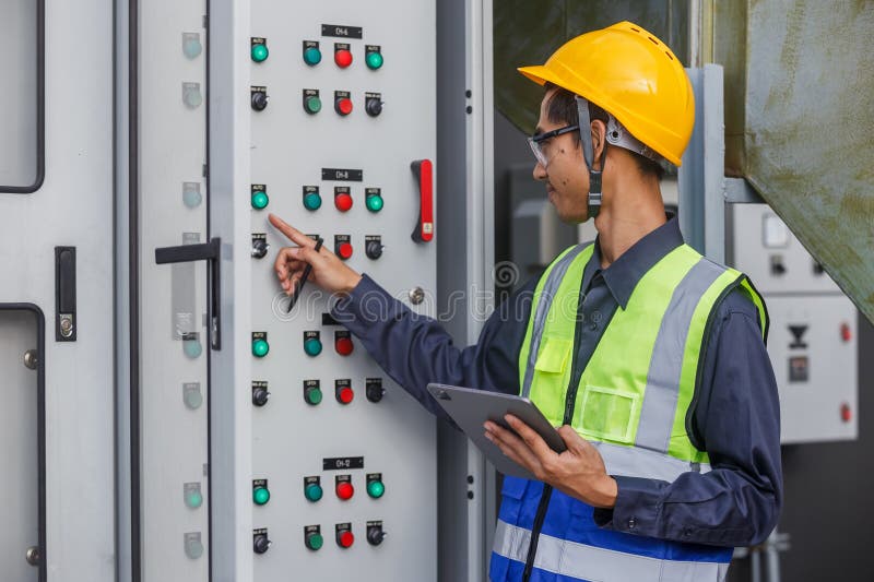 Electrical Engineer Man Using Tablet Checks Switchboard Main ...