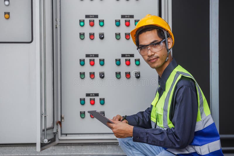 Electrical Engineer Man Using Tablet Checks Switchboard Main ...
