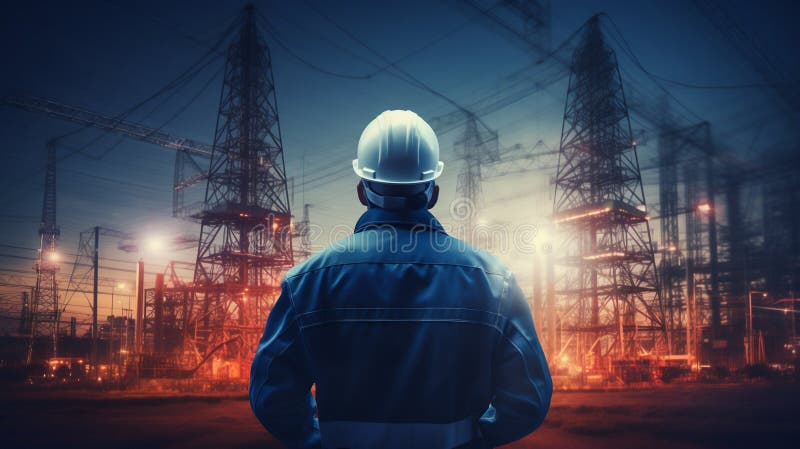 Electrical Engineer Overlooking High Voltage Tower. Generative Ai Stock ...