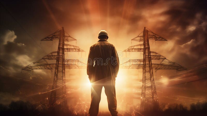 Electrical Engineer Overlooking High Voltage Tower. Generative Ai Stock ...