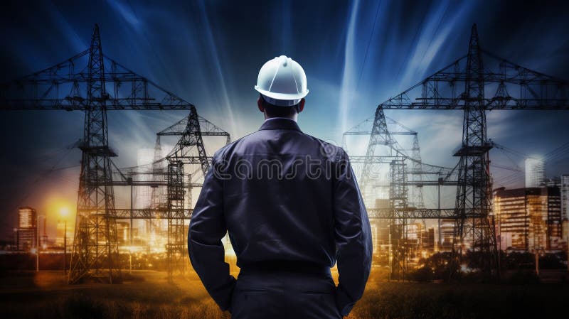 Electrical Engineer Overlooking High Voltage Tower. Generative Ai Stock ...