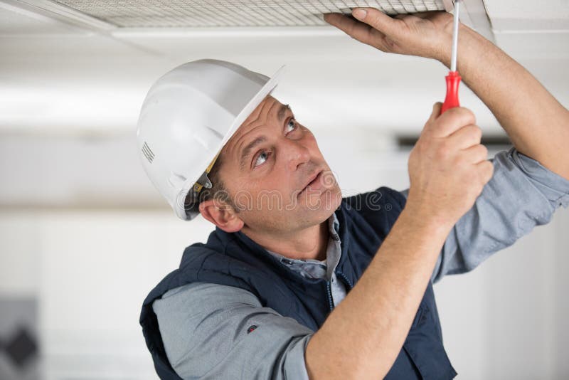 Electrical Engineer Performs Installation Ceiling Lamp Stock Image ...