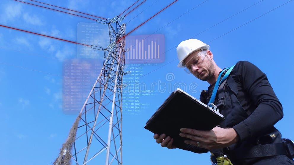 Electrical Engineer Servicing Pylon Tower with Tablet Stock Image ...
