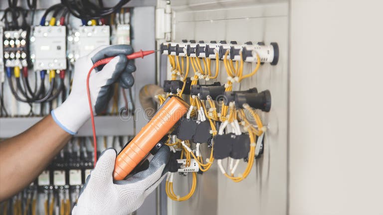 Electrical Engineer Tests the Operation of the Electric Control Cabinet ...