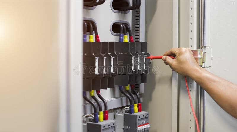 Electrician Engineer Work Tester Measuring Voltage and Current of Power ...