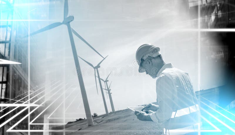 Engineer Using Digital Tablet for Wind Turbine Inspection; Light Effect ...