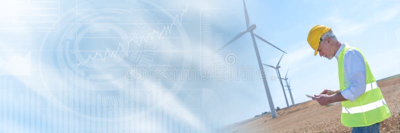 Engineer Using Digital Tablet for Wind Turbine Inspection; Panoramic ...