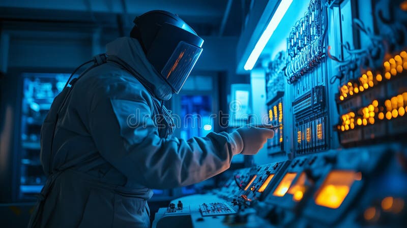 Electrical Engineer Working on Control Panel in Futuristic Datacenter ...
