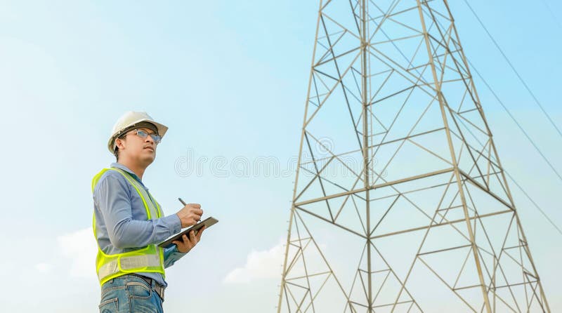 Electrical Engineer Working on Digital Tablet with Electric Power Pole ...