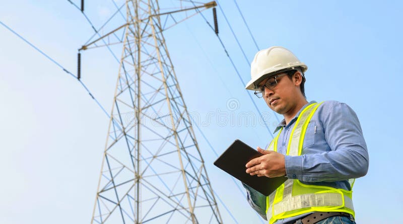 Electrical Engineer Working on Digital Tablet with Electric Power Pole ...