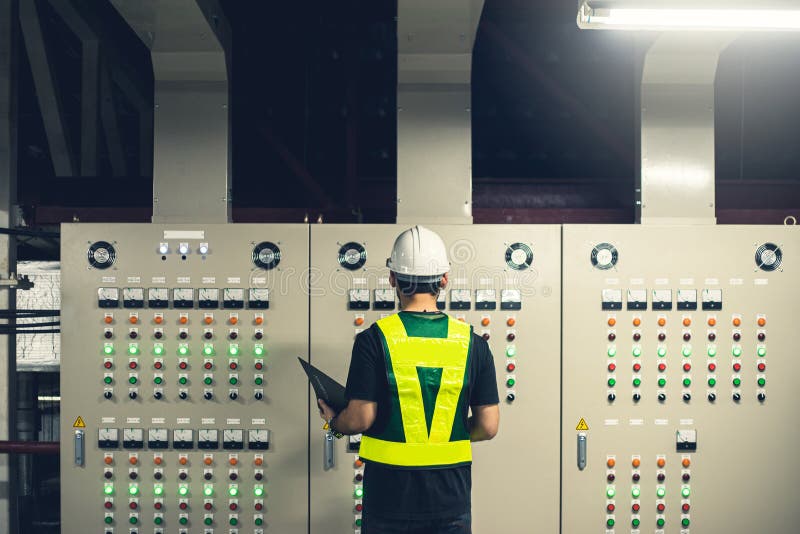 Electrical Engineer Working Front Control Panel Stock Image - Image of ...