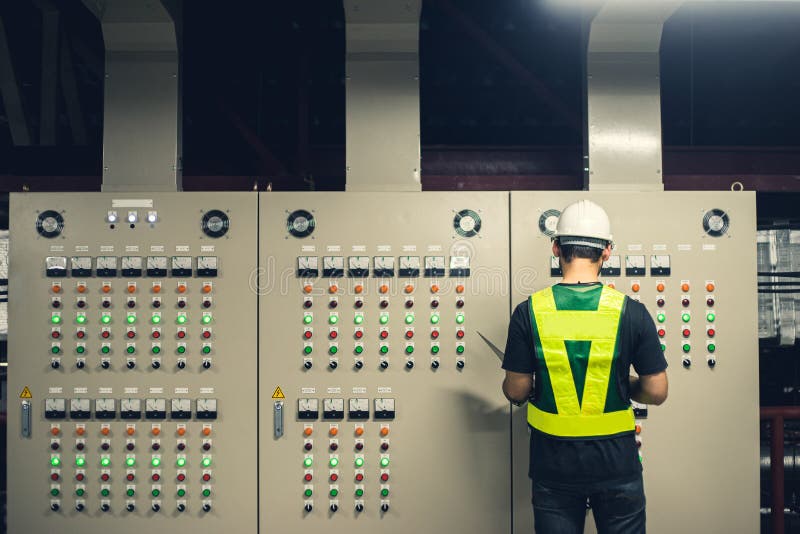 Electrical Engineer Working Front Control Panel Stock Photo - Image of ...