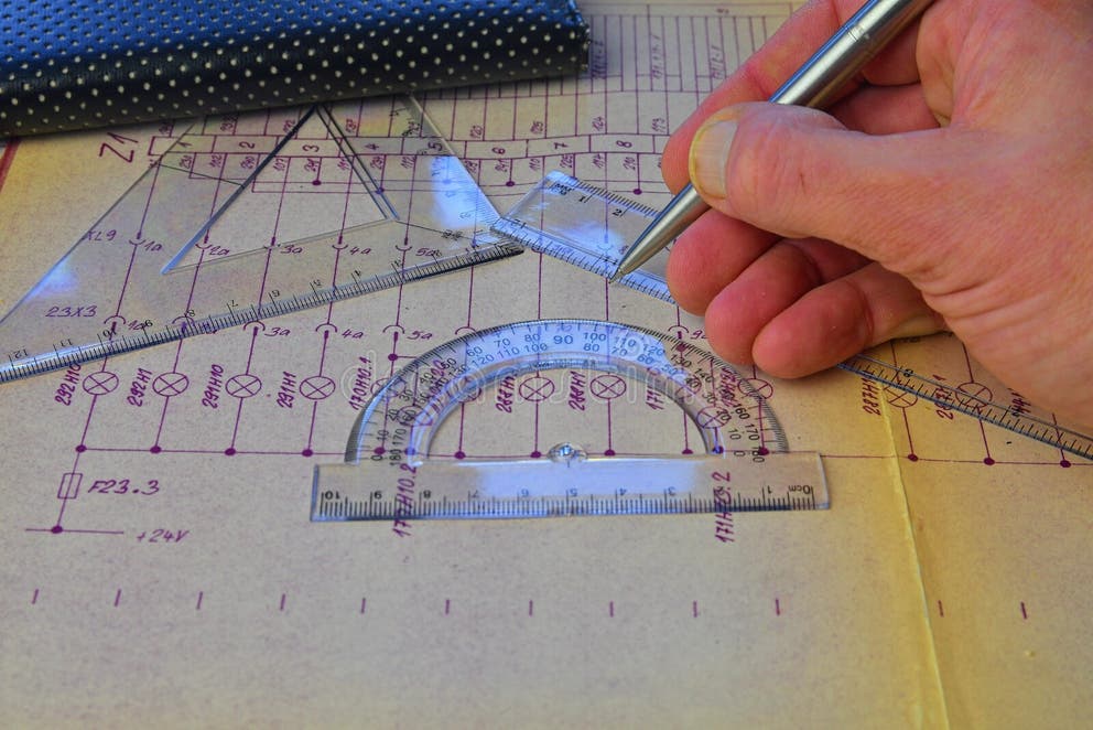 Electrical Engineer Workplace - Electrotechnical Project, Rulers, and ...