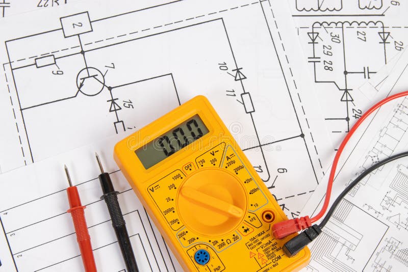Electrical Engineering Drawings and Digital Multimeter Stock Image ...