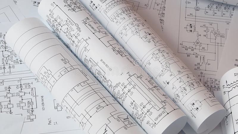 Electrical Engineering Drawings, Digital Multimeter and Pencils. Stock ...