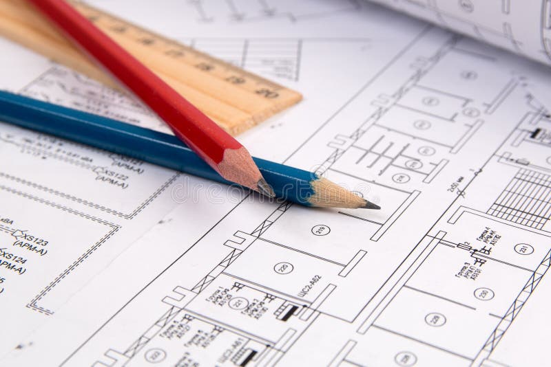 Electrical Engineering Drawings, Pencil and Ruler Stock Photo - Image ...