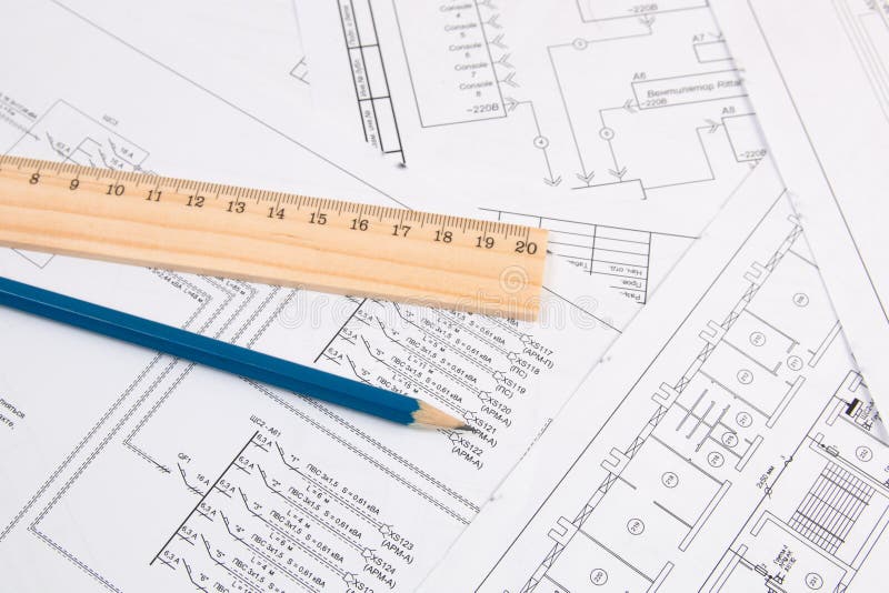 Electrical Engineering Drawings, Pencil and Ruler Stock Photo - Image ...