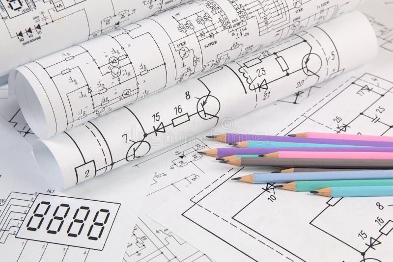 Electrical Engineering Drawings and Pencils Stock Image - Image of ...