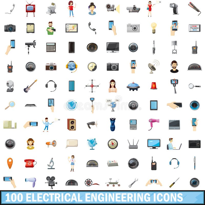 100 Electrical Engineering Icons Set, Cartoon Stock Vector ...