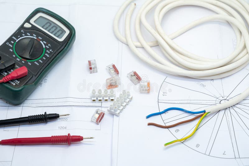 Electrical Tools and Supplies on Architect`s Plan Stock Photo - Image ...