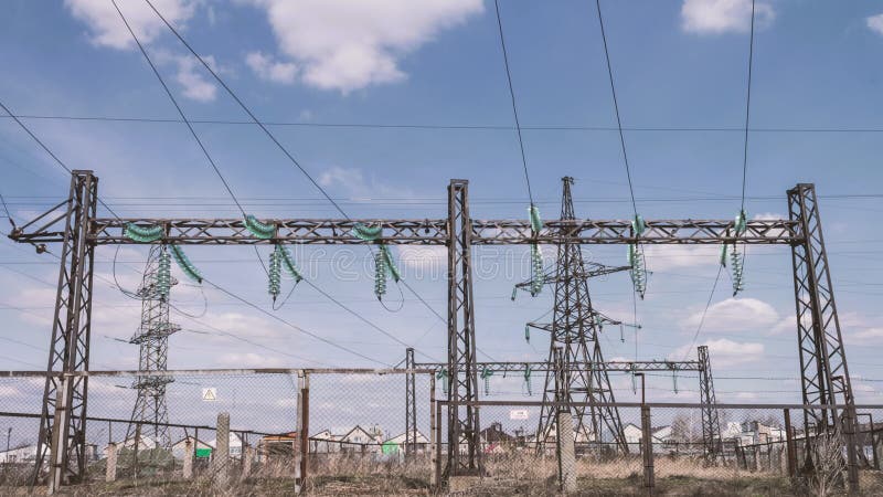 Electrical Engineering Structures at a Power Plant. High-voltage Wires ...