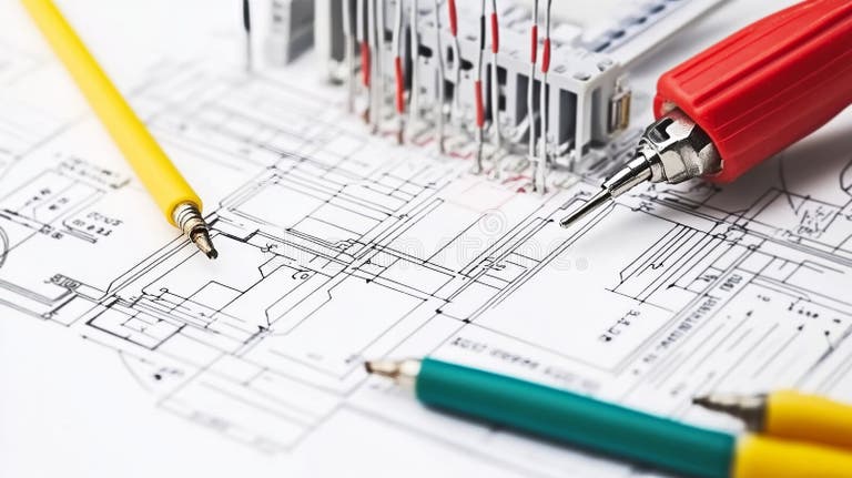 Electrical Engineers at Work with Tools and Schematics on a Technical ...