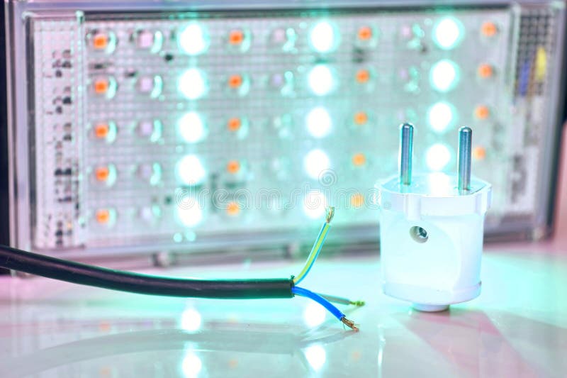 Electrical Equipment Connection. Core Electric Cable and Light LED Lamp ...