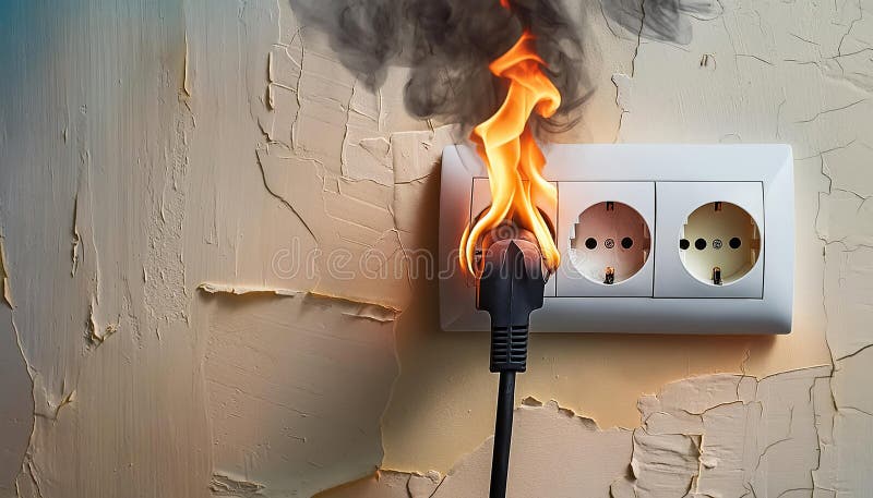 Electrical Fire Hazard: Burning Plug in Wall Socket Stock Illustration ...