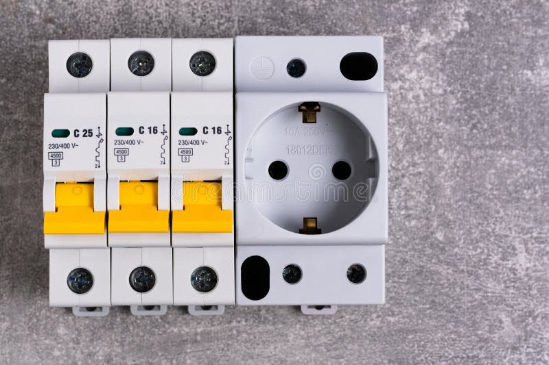 Electrical Fuse Box and Socket on Gray Background. View from Above ...