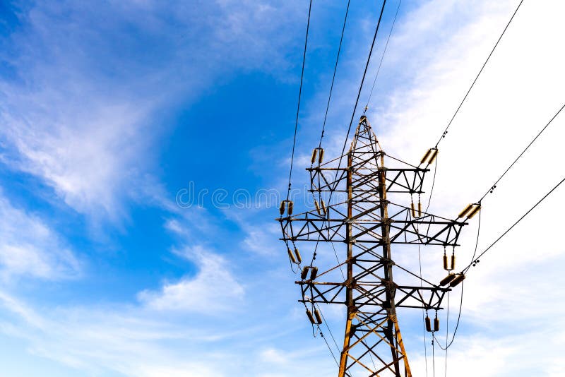 Electrical High Voltage Tower on Blue Sky Background Stock Photo ...