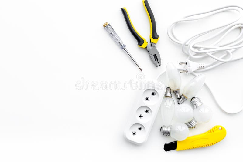 Electrical Installation, Wiring Works. Tools and Socket Outlet on White ...