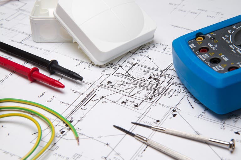 Electrical Instruments Laying on Blueprint Stock Photo - Image of ...