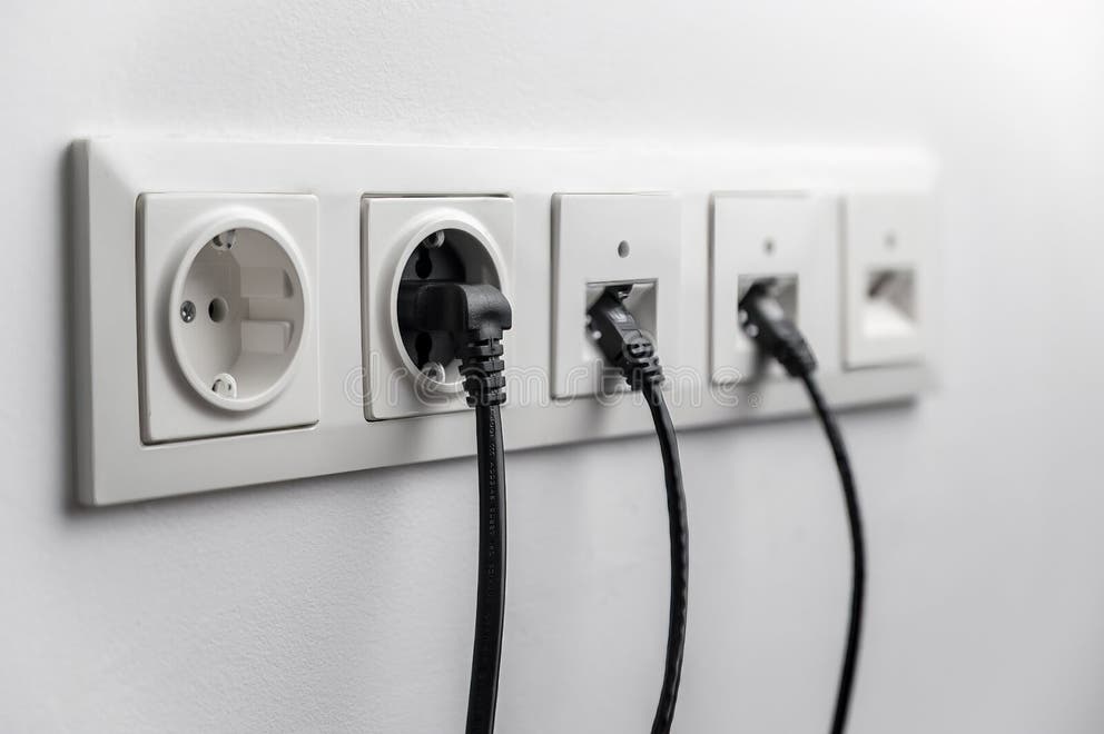 Electrical and Internet Socket on a White Wall in the Room. Five ...