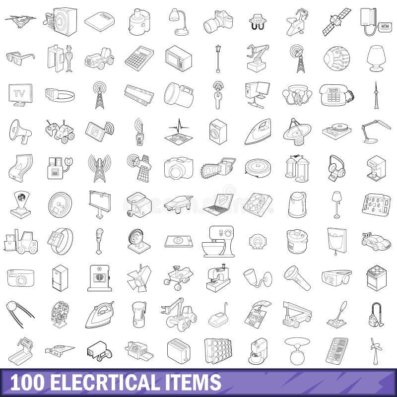 100 Electrical Items Icons Set, Outline Style Stock Vector ...