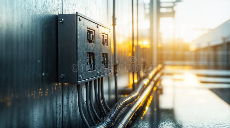 Electrical Junction Box and Conduits on Building Exterior at Sunset ...
