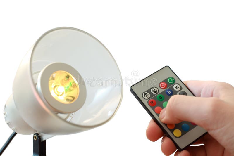 Electrical Lamp, Near it Remote Controller in Hand Stock Image - Image ...