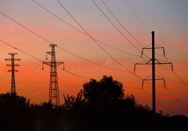 Electrical Lines Under a Night Sky with Moon Stock Photo - Image of ...