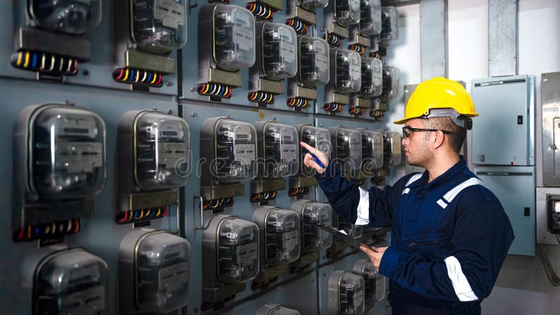 Electrical Maintenance Engineer is Checking .Electricity Meter, Main ...