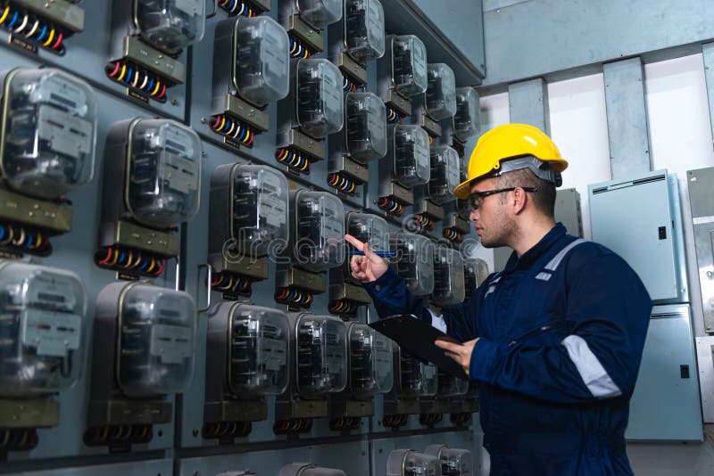 Electrical Maintenance Engineer is Checking .Electricity Meter, Main ...