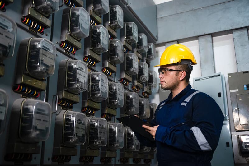 Electrical Maintenance Engineer is Checking .Electricity Meter, Main ...